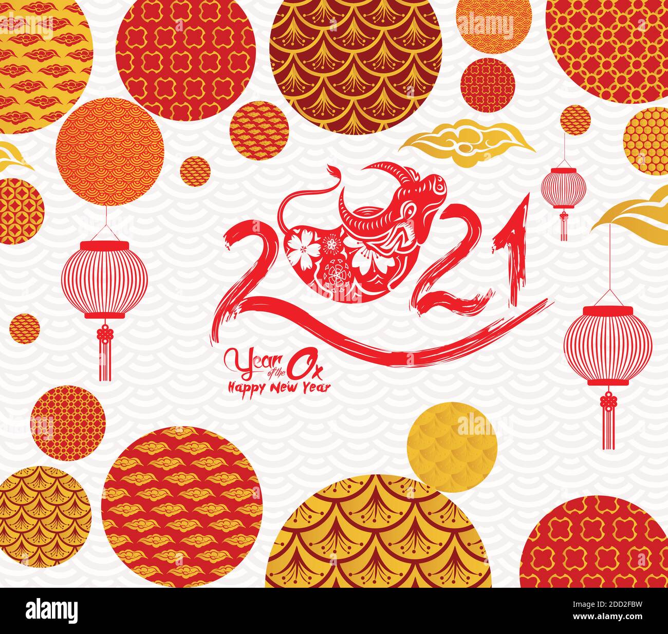 2021 Chinese New Year greeting card. year of the ox. Golden and red ...