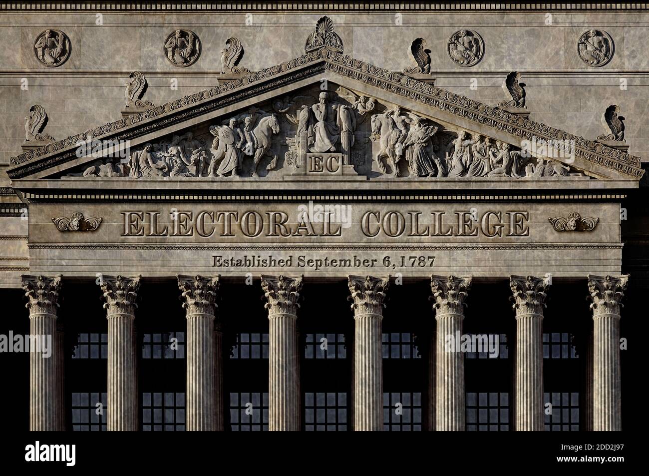 Electoral College system presented as a real college building. 3D and ...