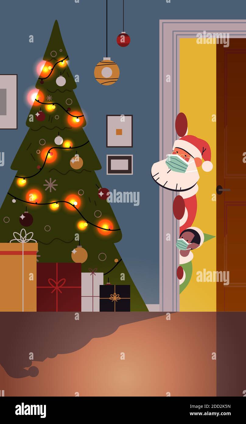 santa claus with elf in masks peeking out from behind door living room ...