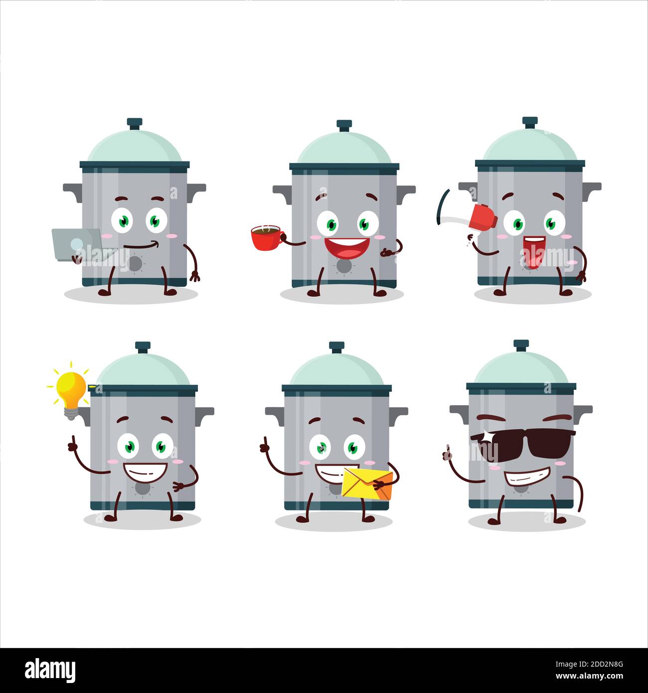 Cooking pan cartoon character with various types of business emoticons ...