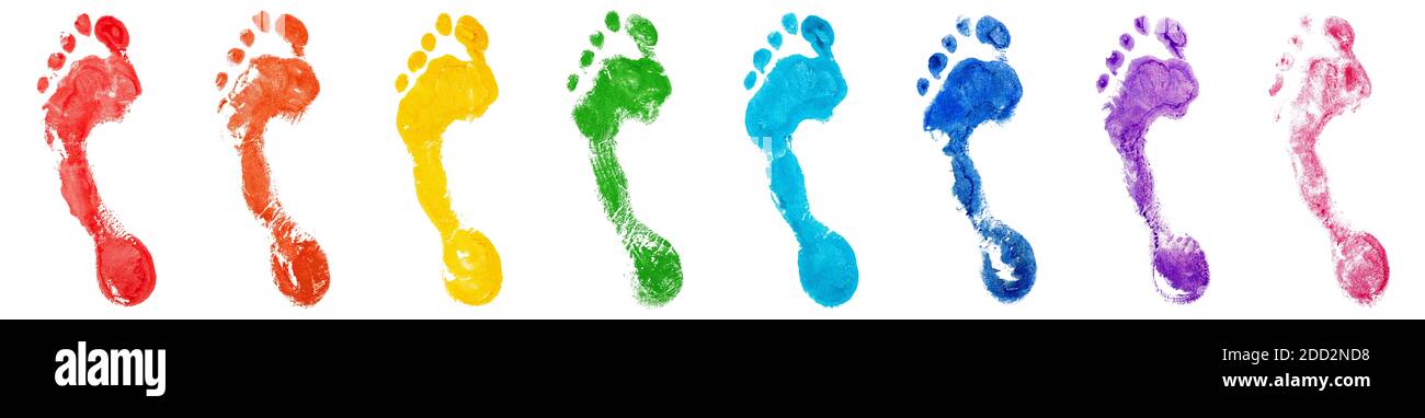 Rainbow color human footprints set white background isolated close up ...