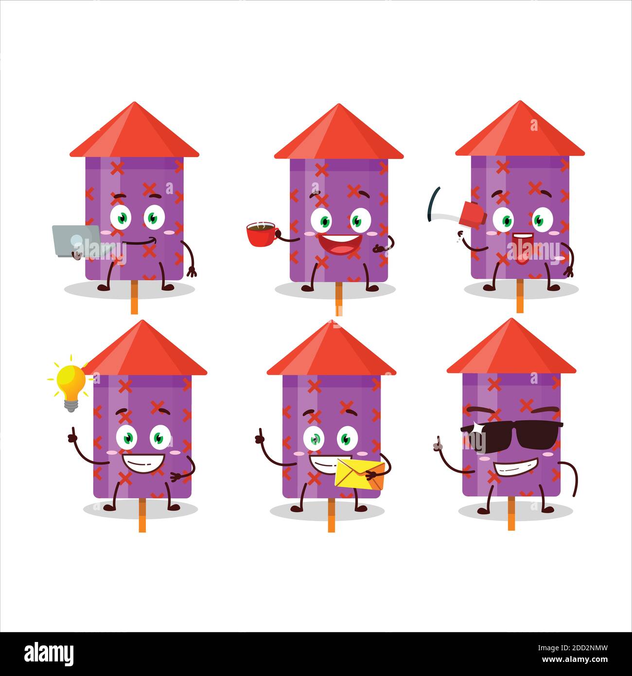 Purple firecracker cartoon character with various types of business ...