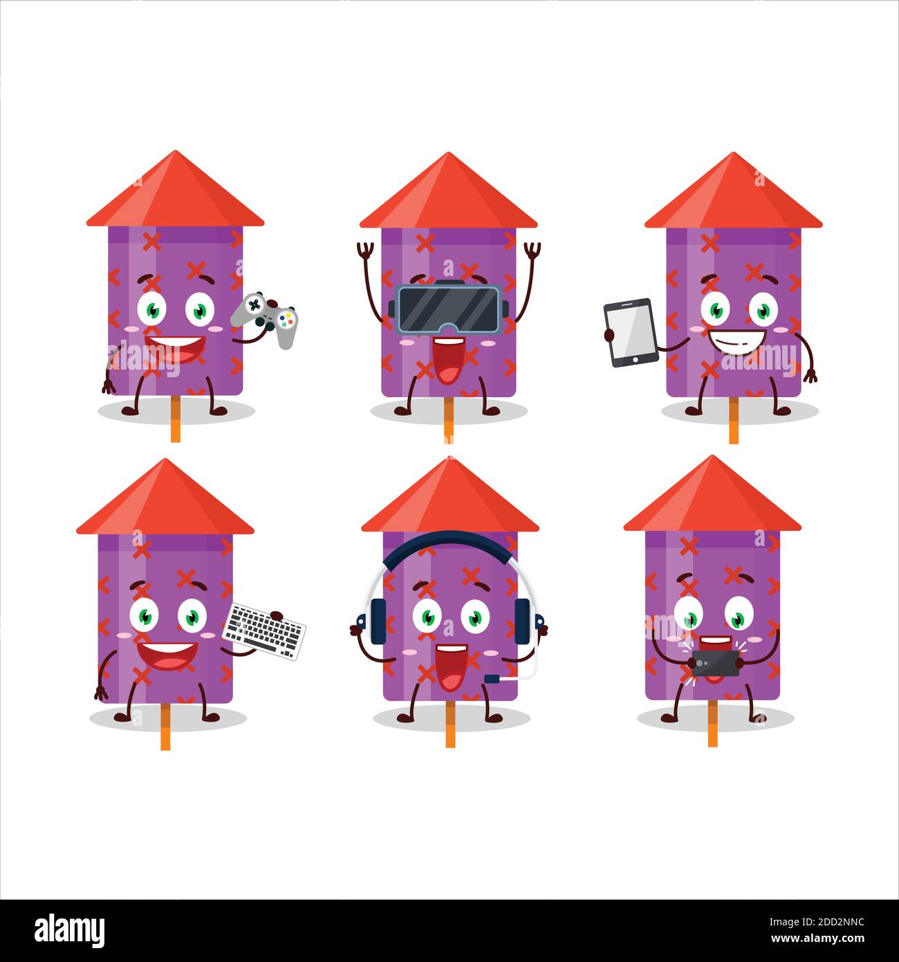 Purple firecracker cartoon character are playing games with various ...