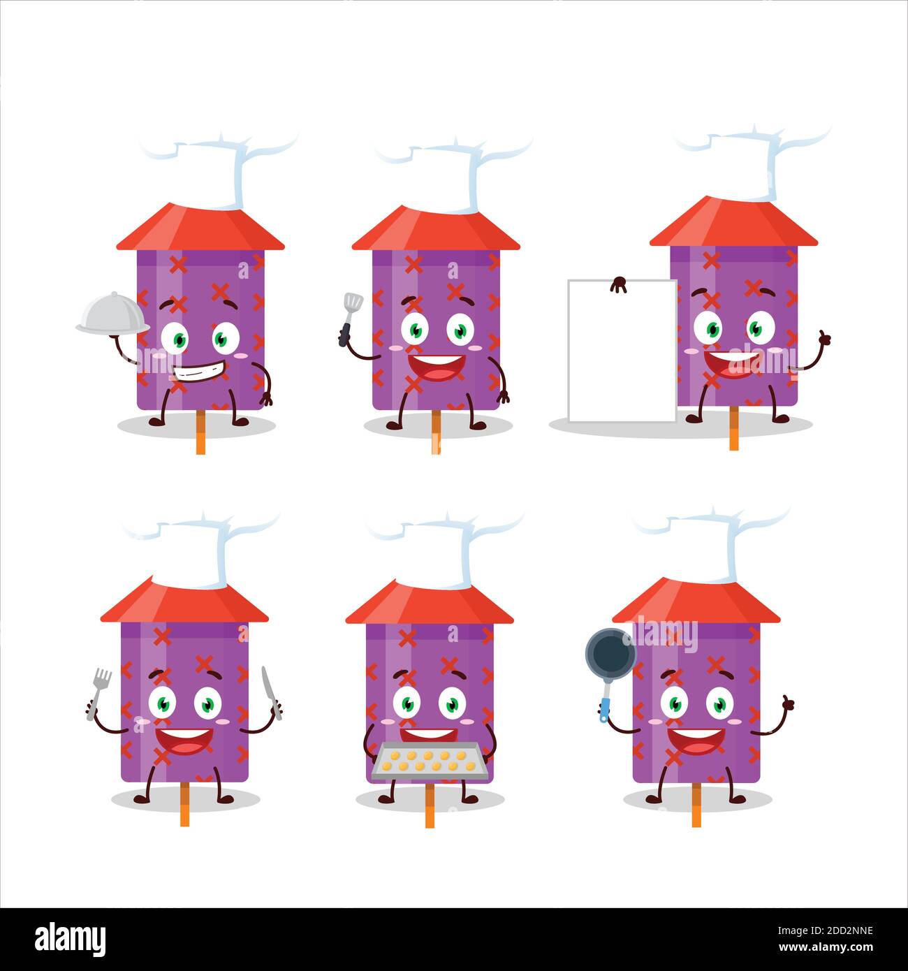 Cartoon character of purple firecracker with various chef emoticons ...