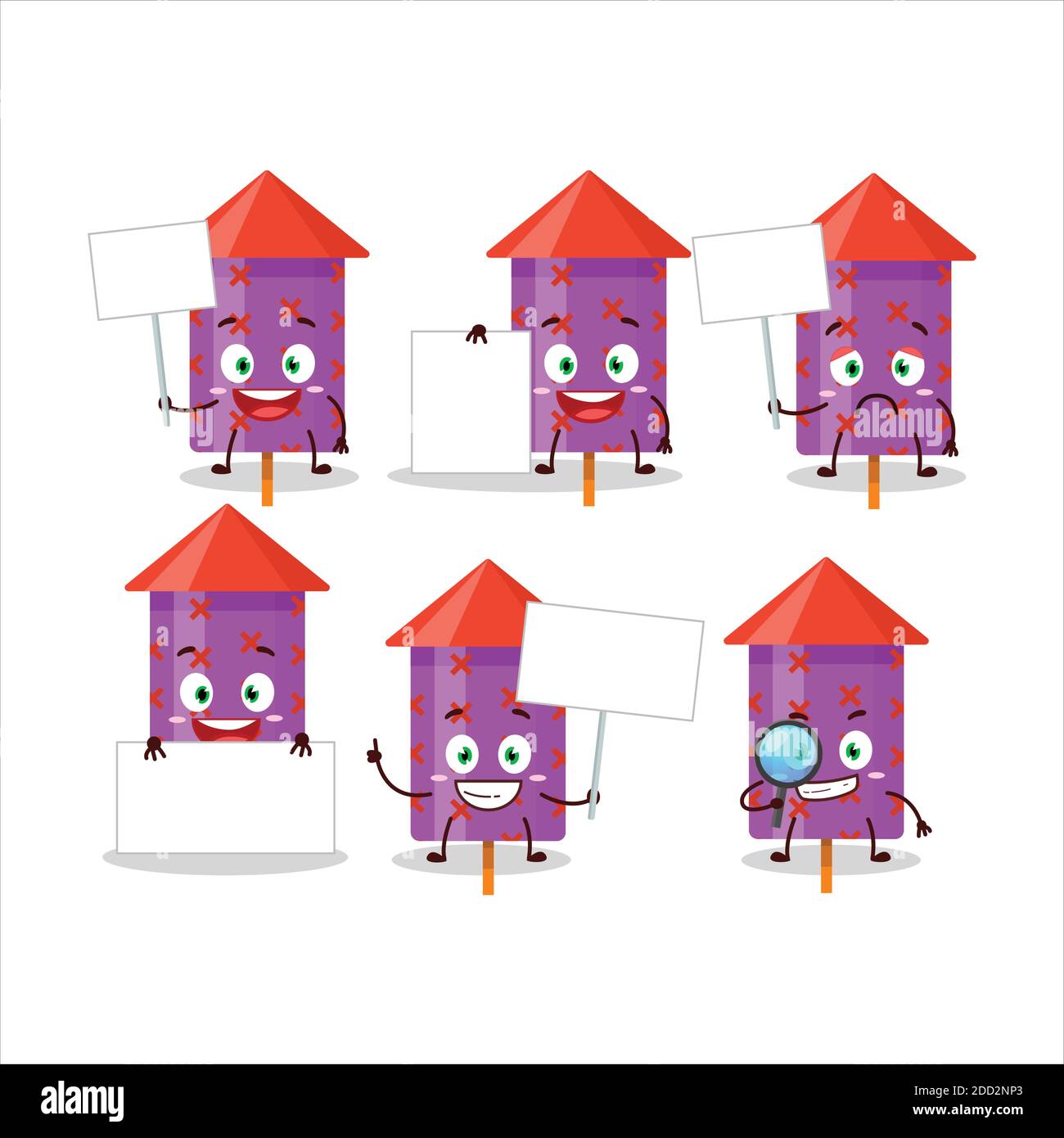 Purple firecracker cartoon character bring information board. Vector ...