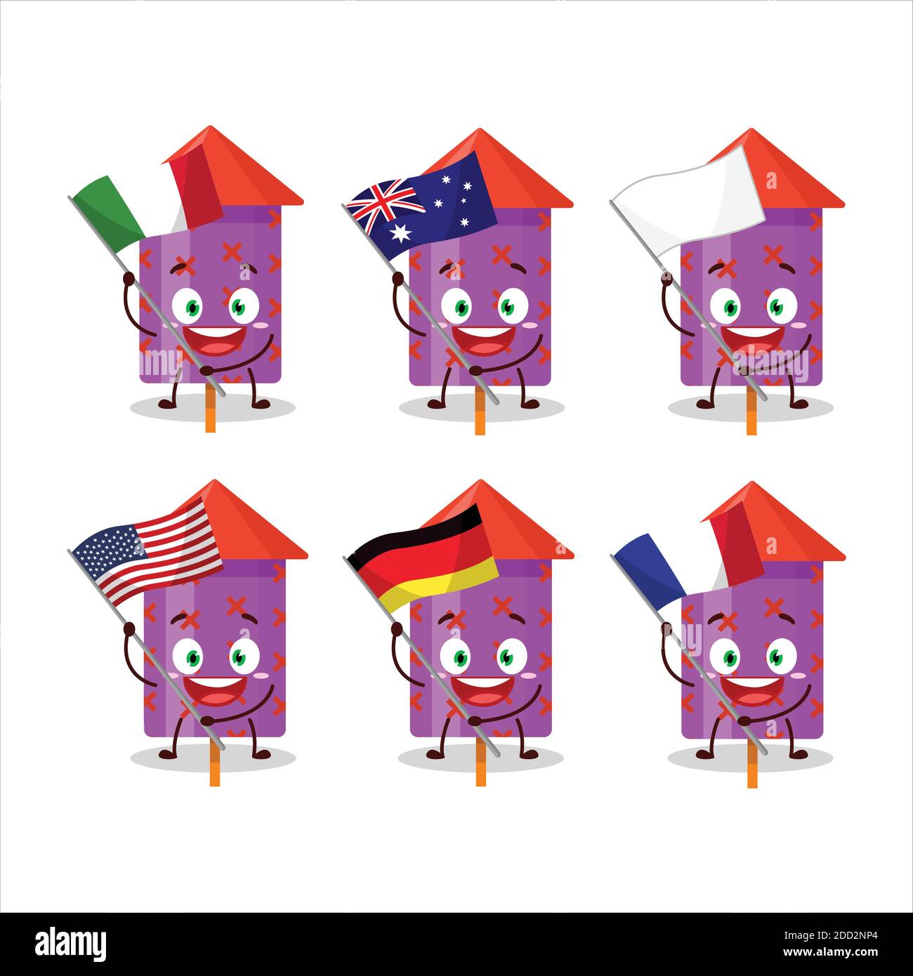 Purple firecracker cartoon character bring the flags of various ...