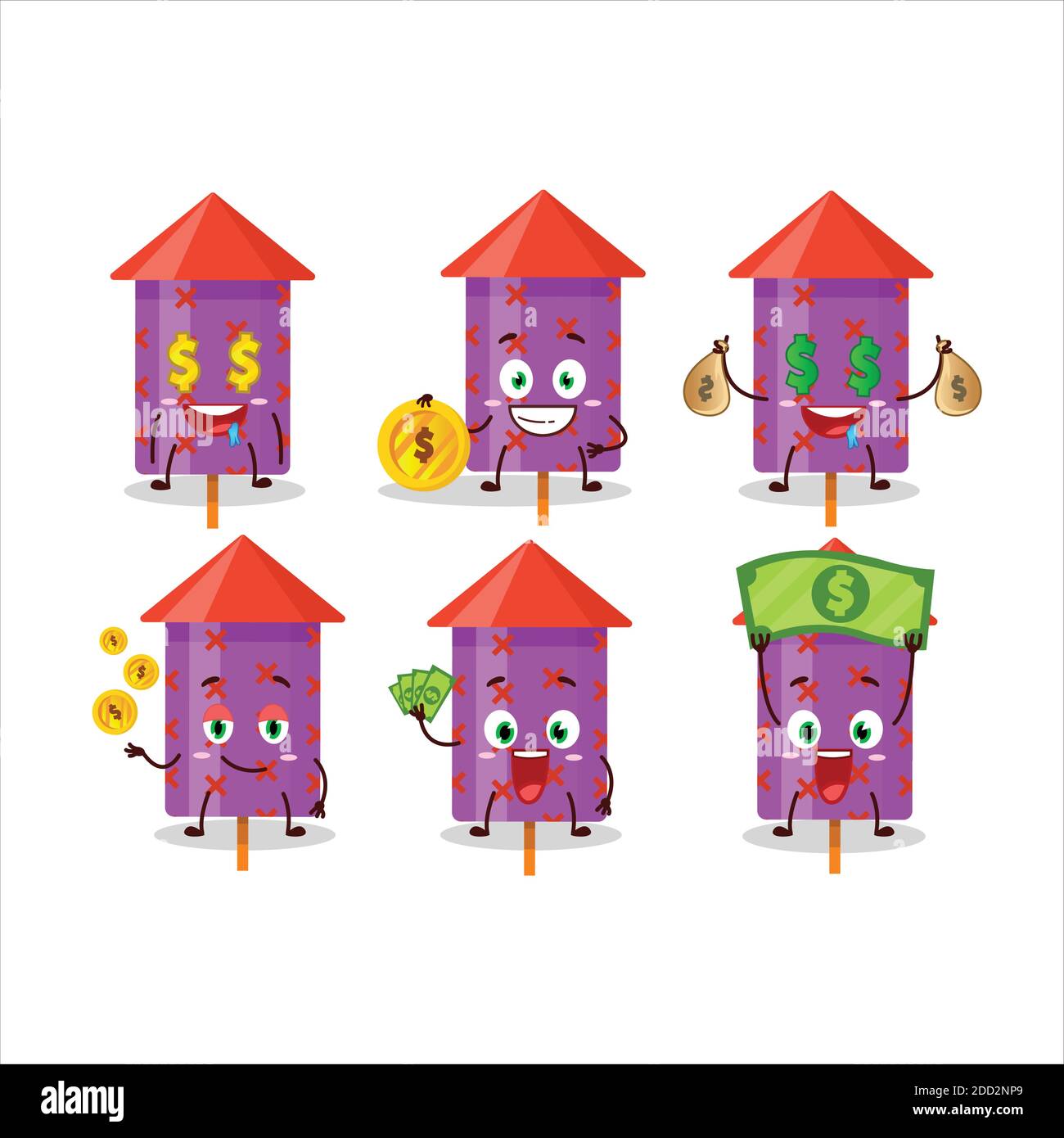 Purple firecracker cartoon character with cute emoticon bring money ...