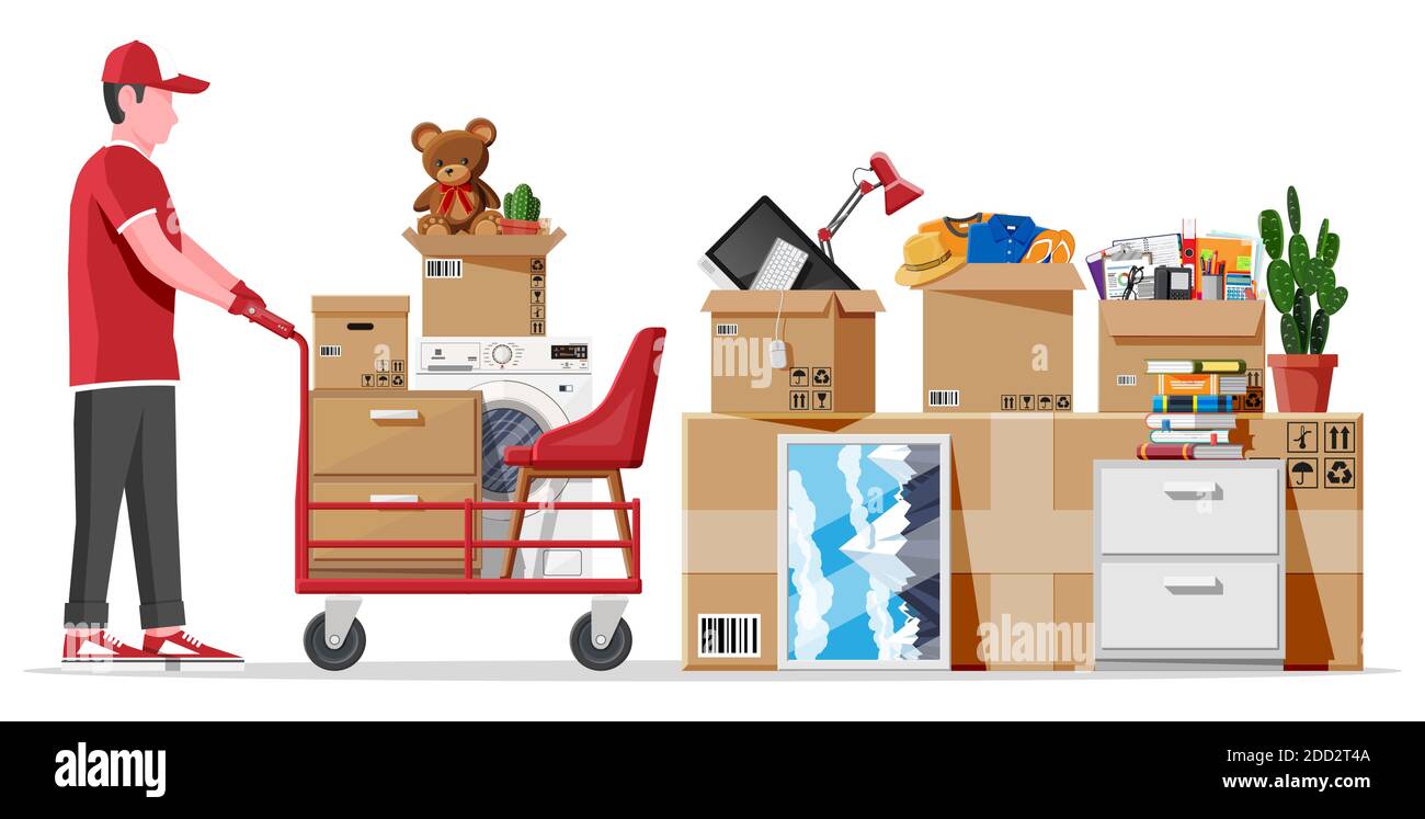 Male mover, hand truck and package for transportation. Moving to new ...