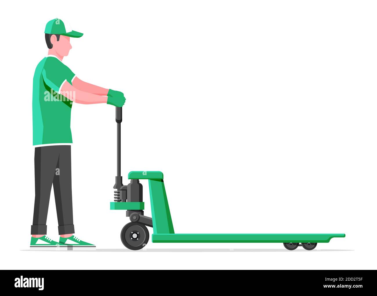 Man with hand pallet jack lift isolated on white. Empty hand pallet ...