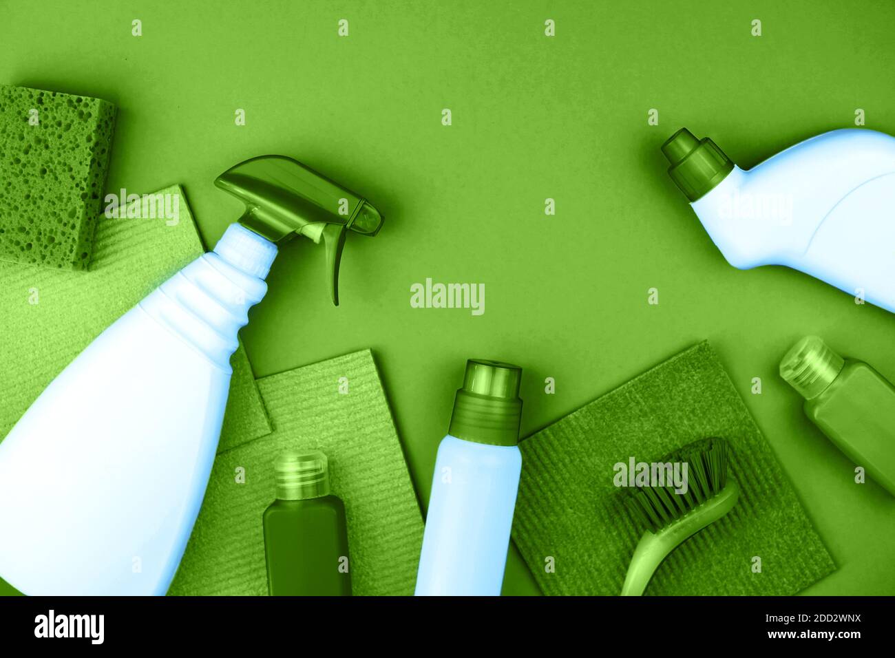 House cleaning products are on green background. Cleaning concept Stock ...
