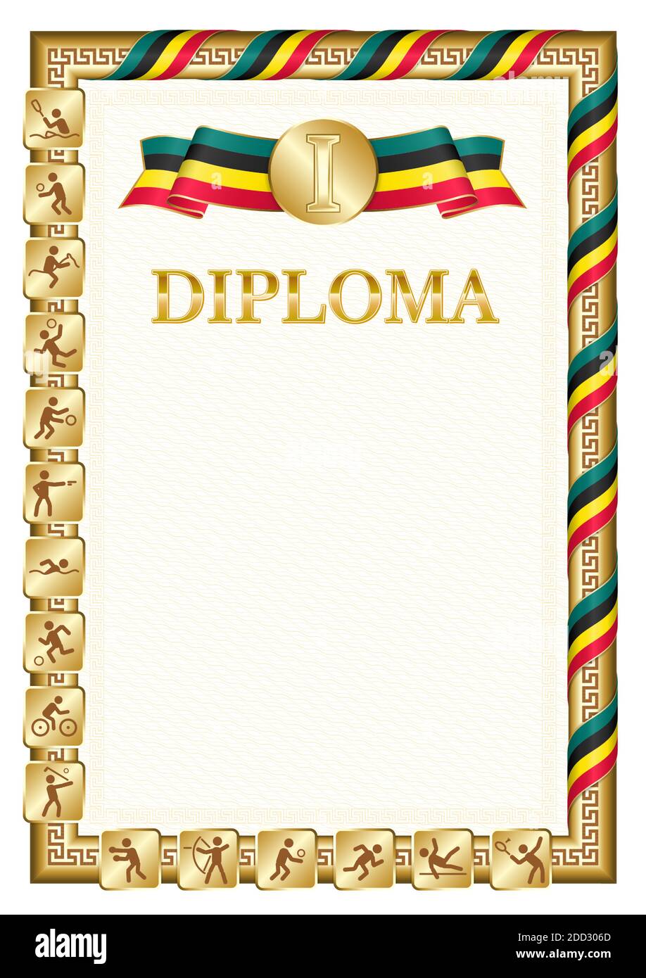 Vertical diploma for first place in a sports competition, golden color ...