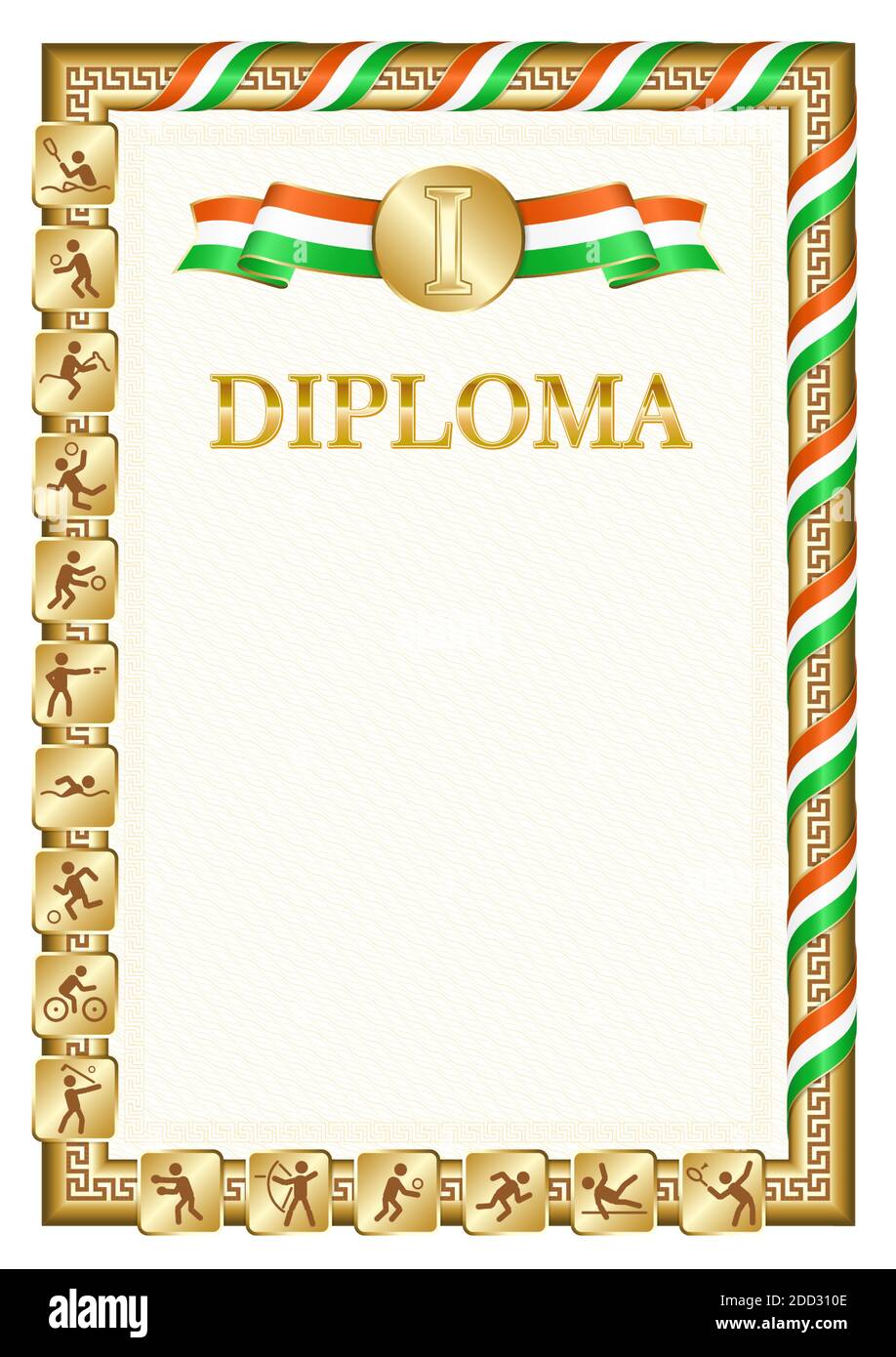 Vertical diploma for first place in a sports competition, golden color ...