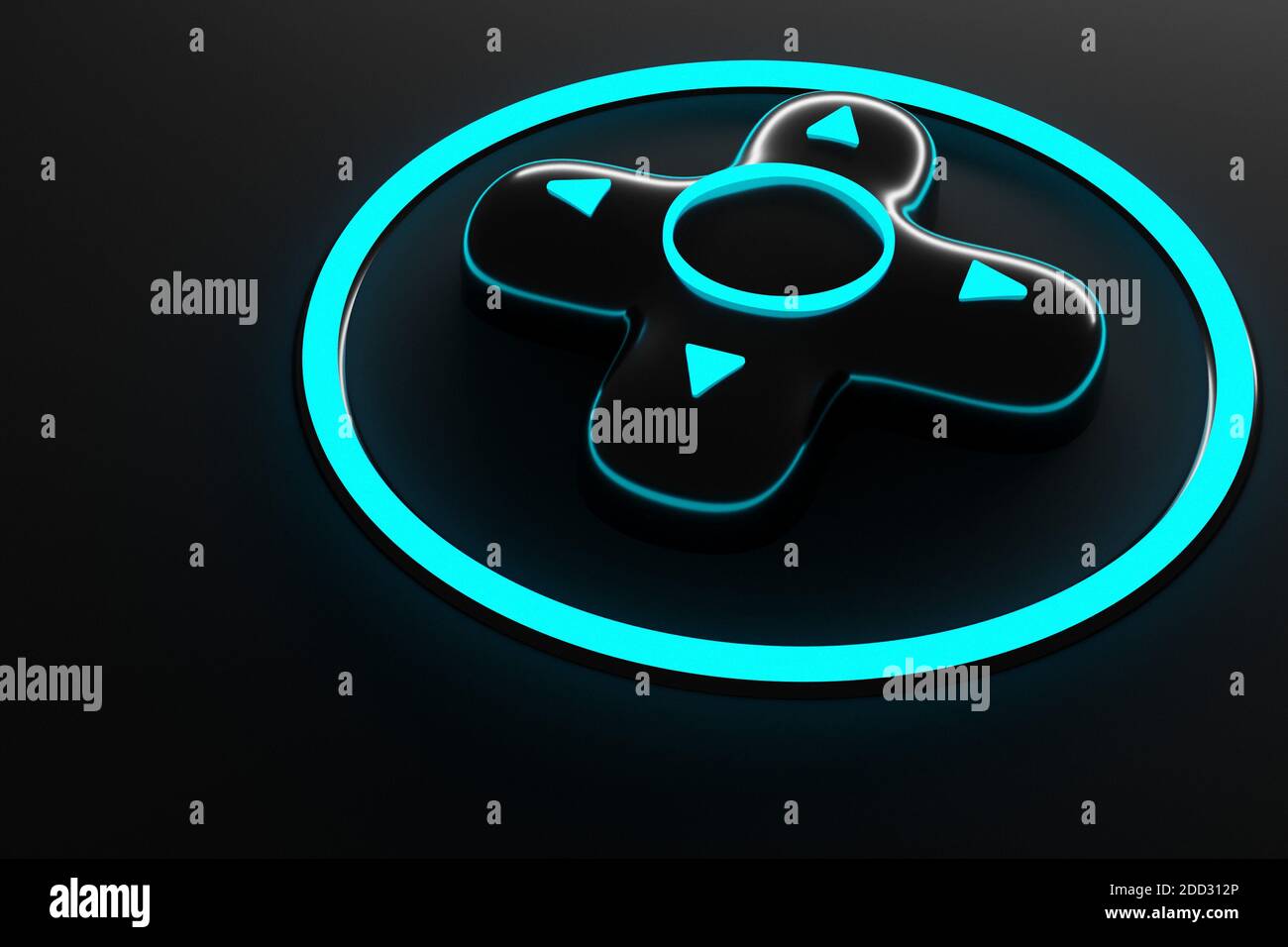 3D illustration keyboard buttons, joystick control keys with neon blue ...