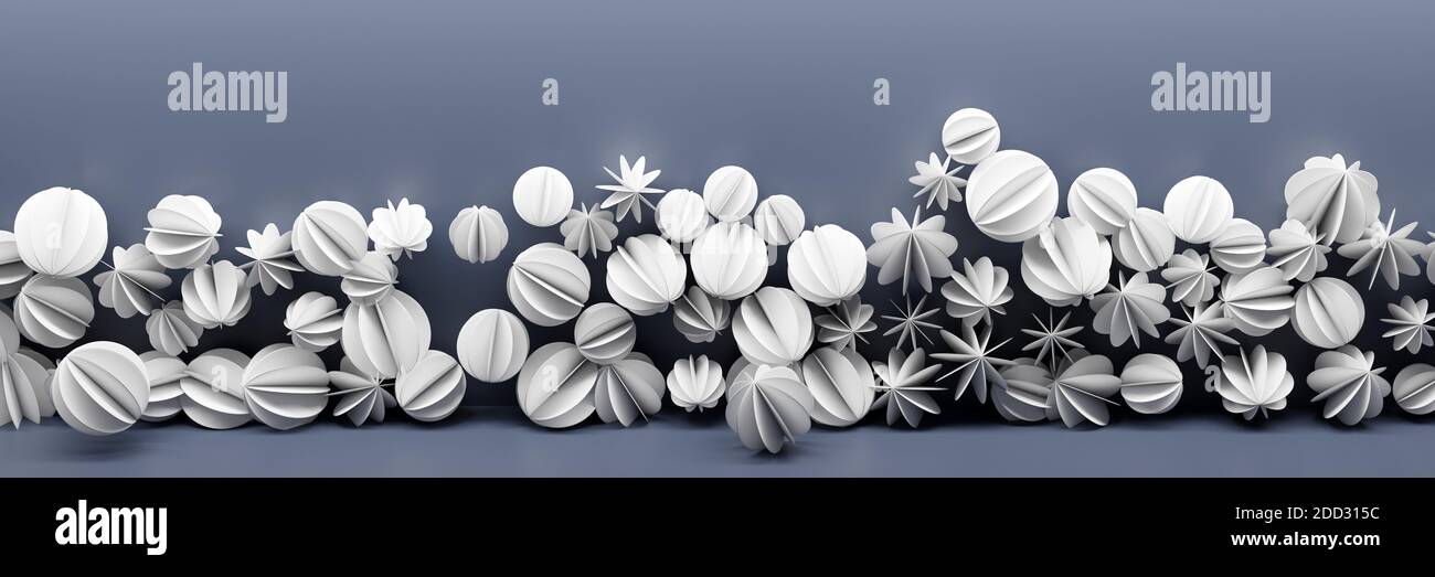 3D illustration of a white origami balls on the blue background. Simple ...
