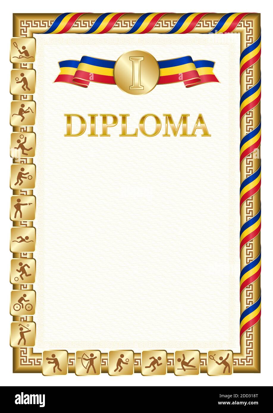 Vertical diploma for first place in a sports competition, golden color ...
