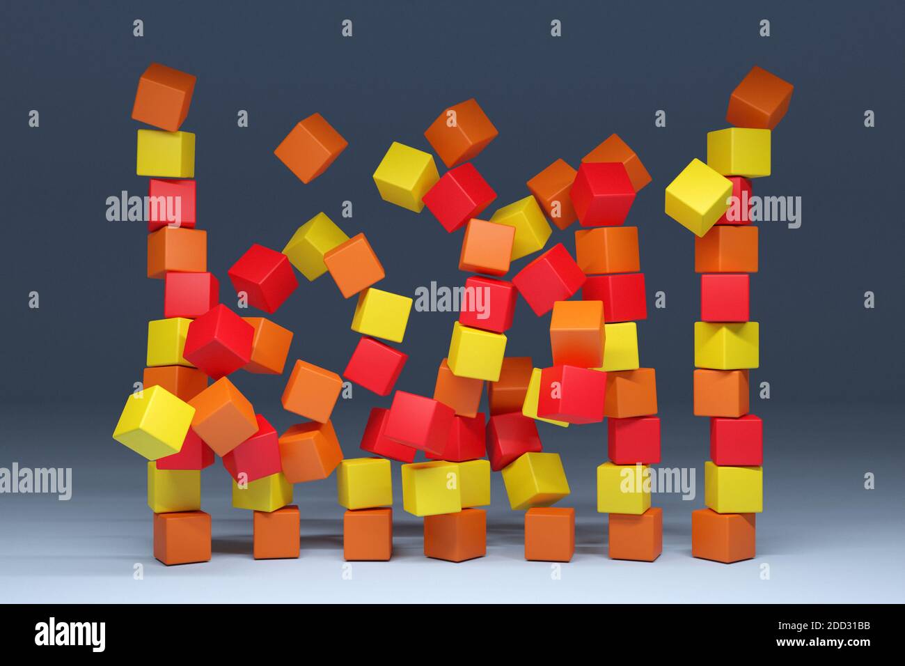 3d illustration of rows of yellow, red and orange cubes.Set of geometry ...