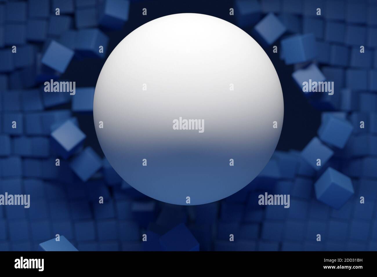 3d illustration of a large white ball bursting out of a wall of blue ...