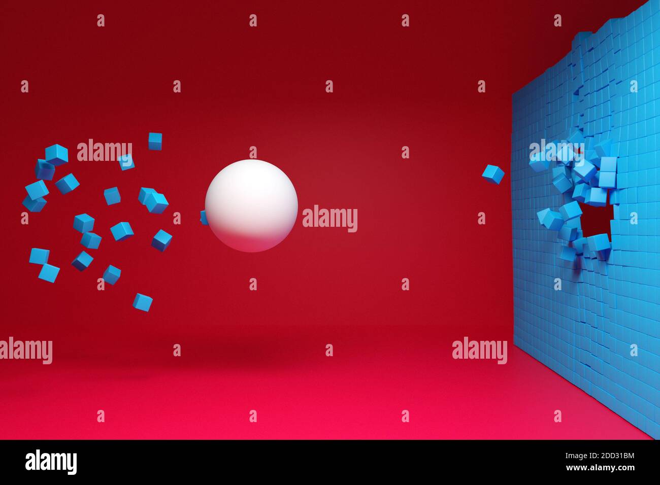 3d illustration of a large white ball bursting out of a wall of blue ...