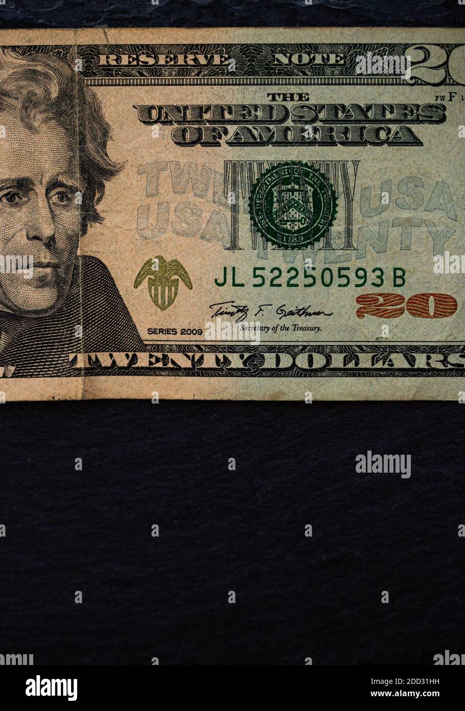 Selective focus on detail of 20 dollars banknote. Close up macro detail ...