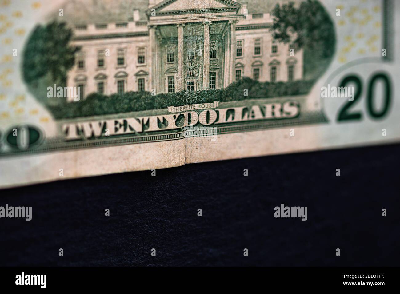 Selective focus on detail of 20 dollars banknote. Close up macro detail ...