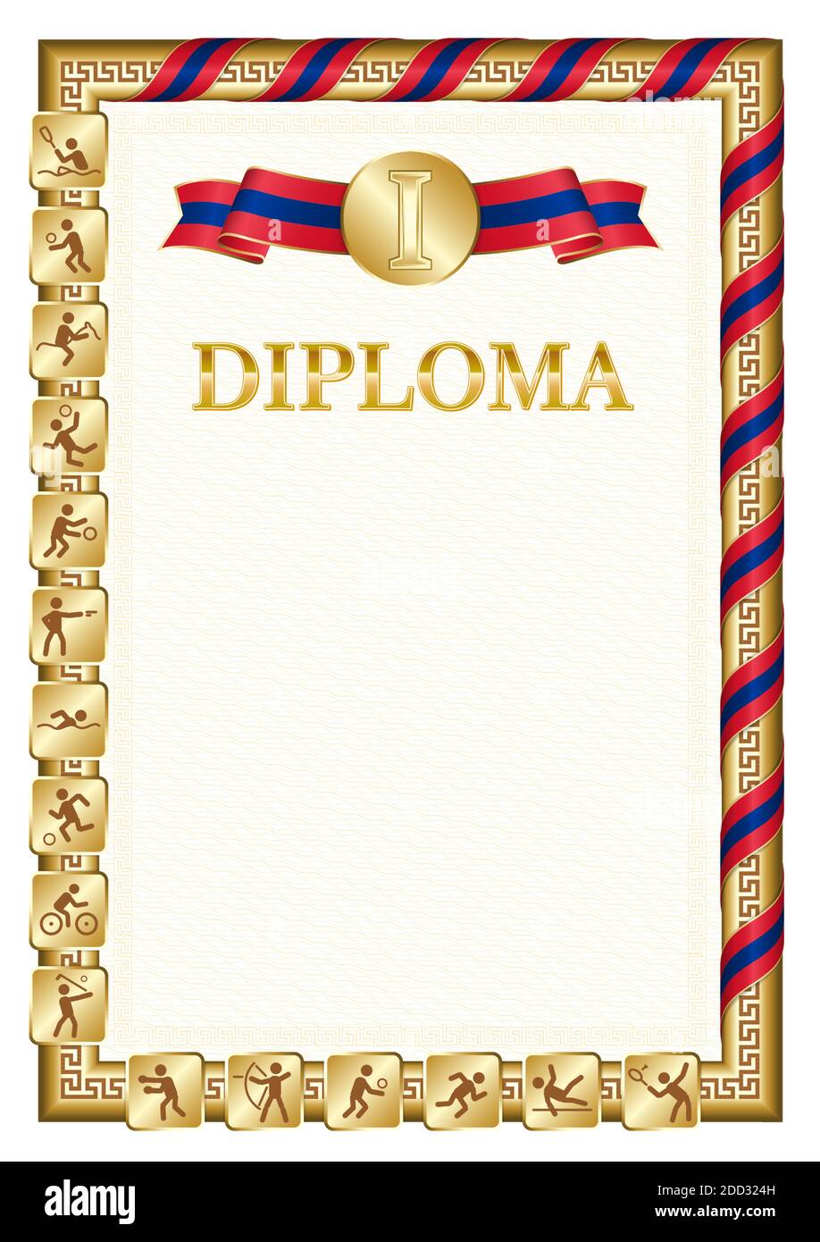 Vertical diploma for first place in a sports competition, golden color ...