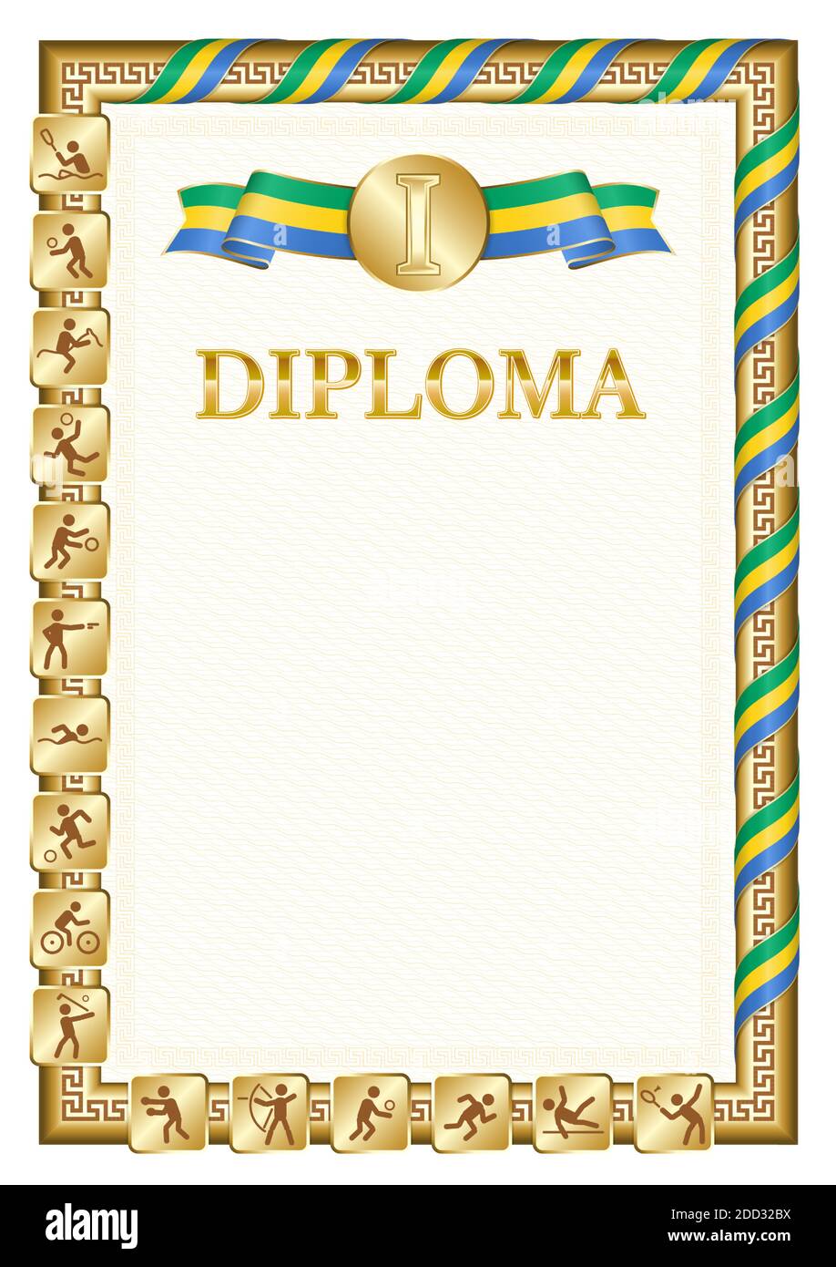 Vertical diploma for first place in a sports competition, golden color ...