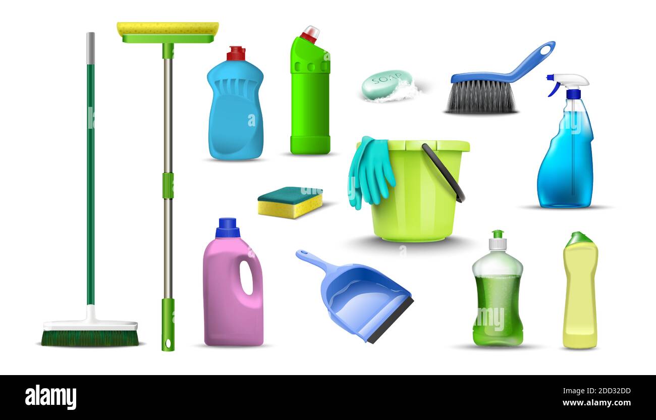 3d realistic vector collection of household cleaning products. Isolated ...