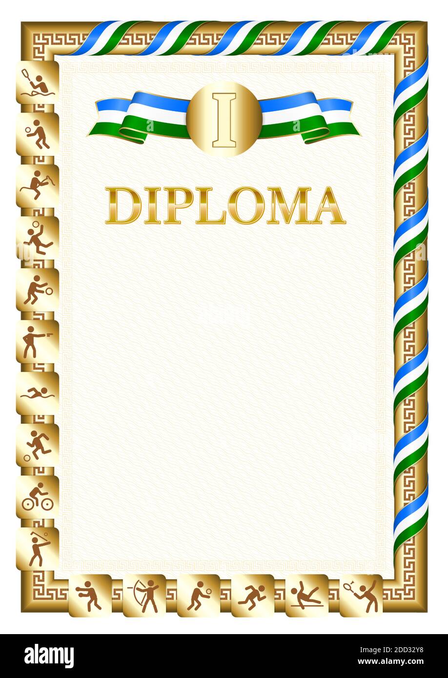 Vertical diploma for first place in a sports competition, golden color ...