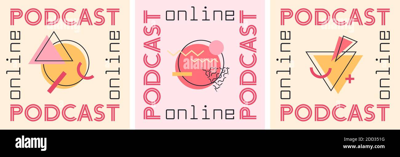 Set of podcast covers in abstract Memphis style. Square podcast layouts ...