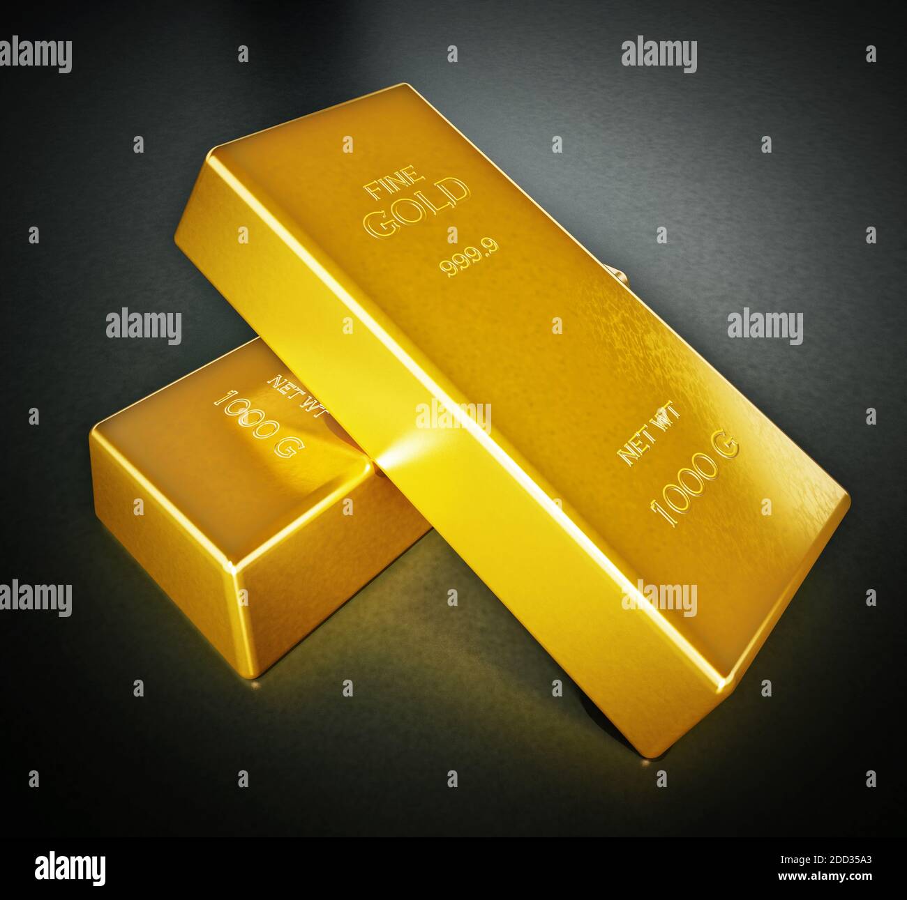 One kilogram gold bars standing on black background. 3D illustration ...