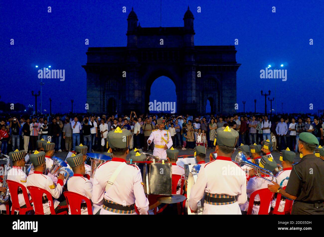 For Indian Navy Day, at dusk, a navy band plays in front of the ...
