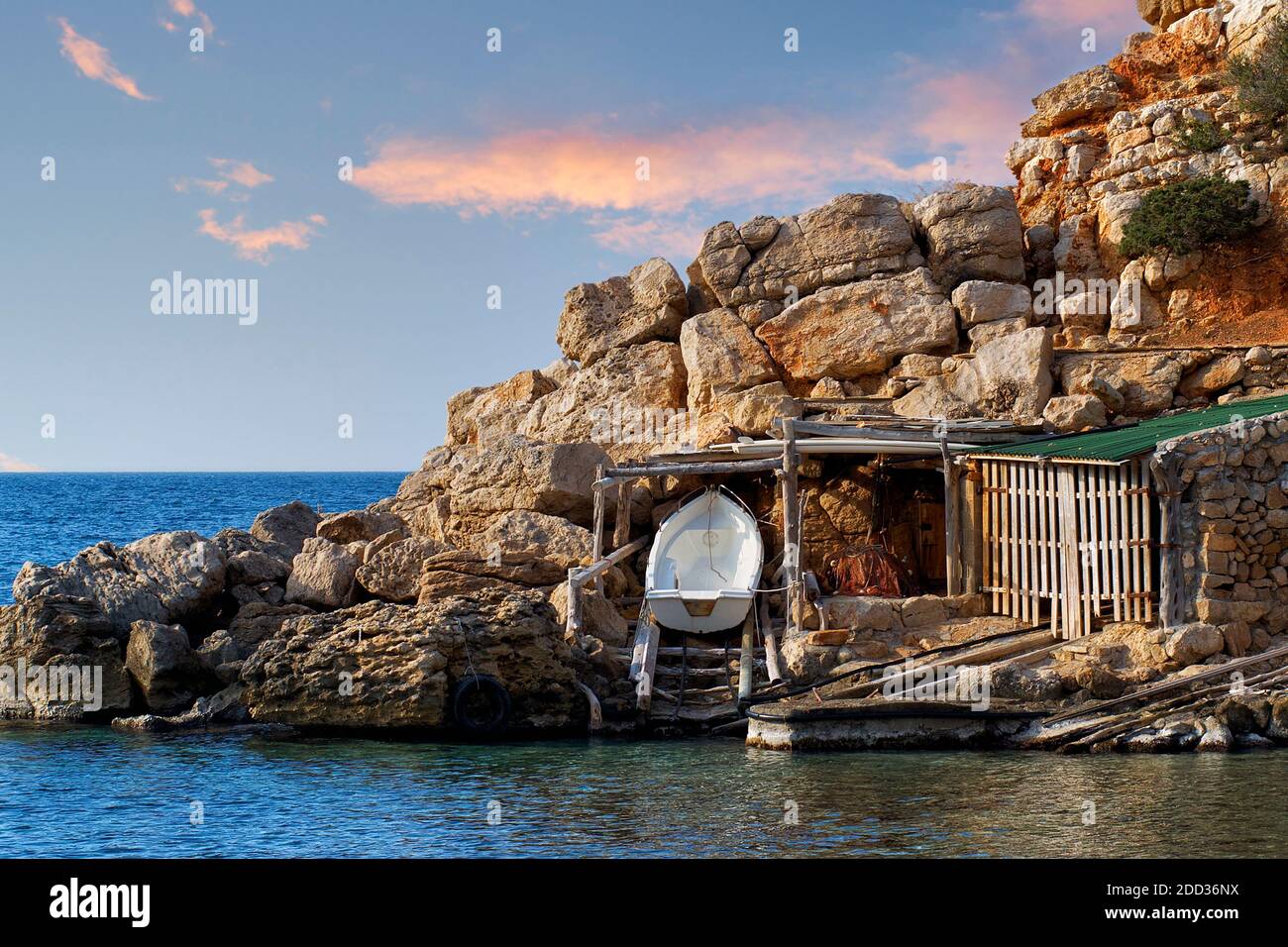 Fishermen's huts and jetty, Ibiza, Spain. Europe Stock Photo - Alamy