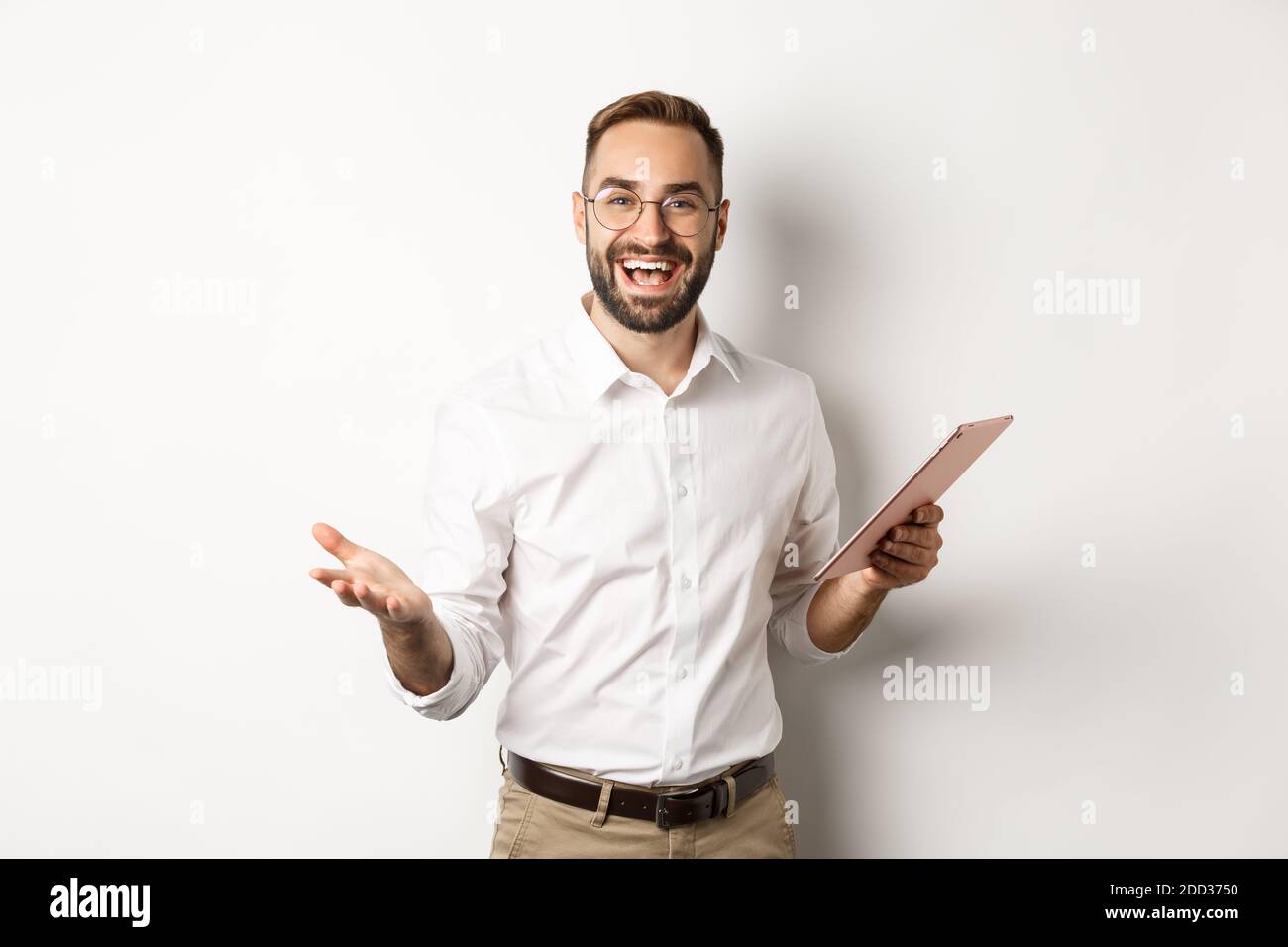 Satisfied businessman praising good work, reading report on digital ...