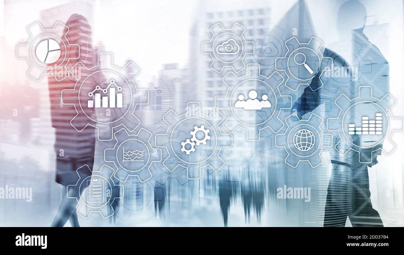 Business process abstract diagram with gears and icons. Workflow and ...