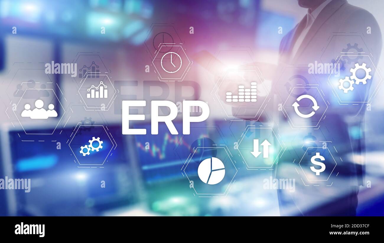 ERP system, Enterprise resource planning on blurred background. Business automation and ...