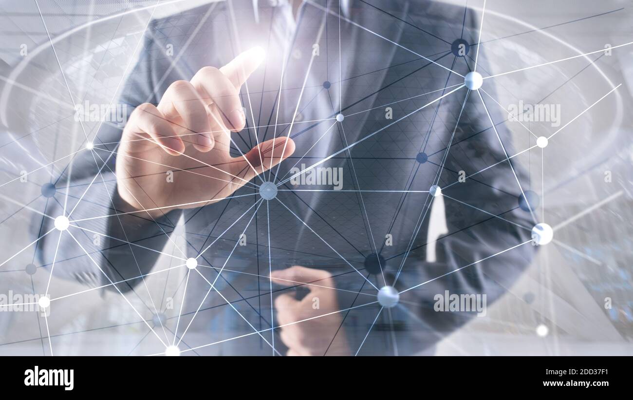 Blockchain network on blurred skyscrapers background. Financial ...