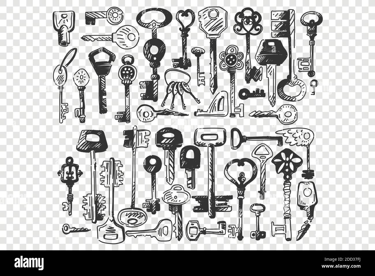 Keys doodle set. Collection of different shape small key for opening ...