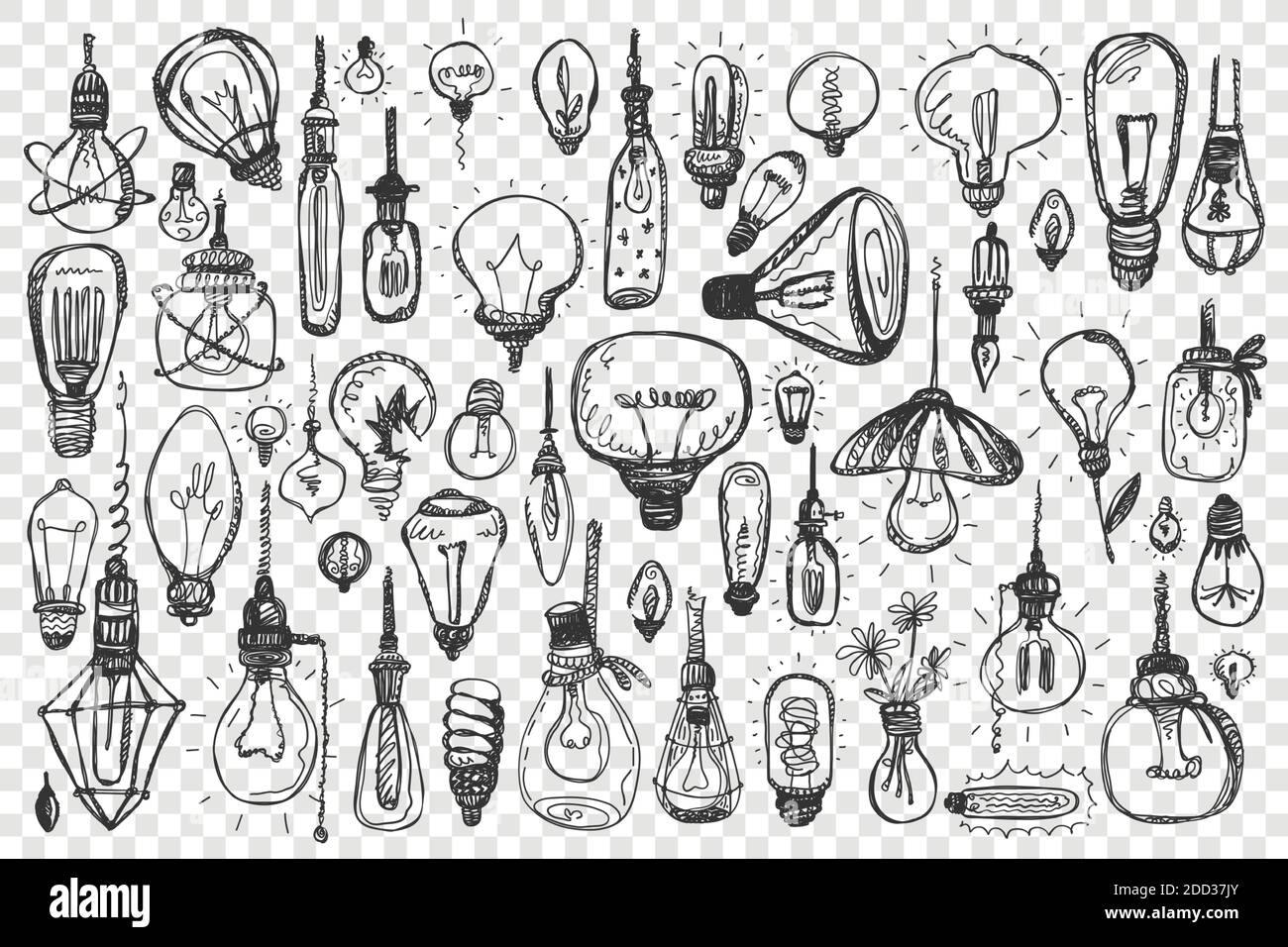 Light bulbs doodle set. Collection of fluorescent halogen miscellaneous ...