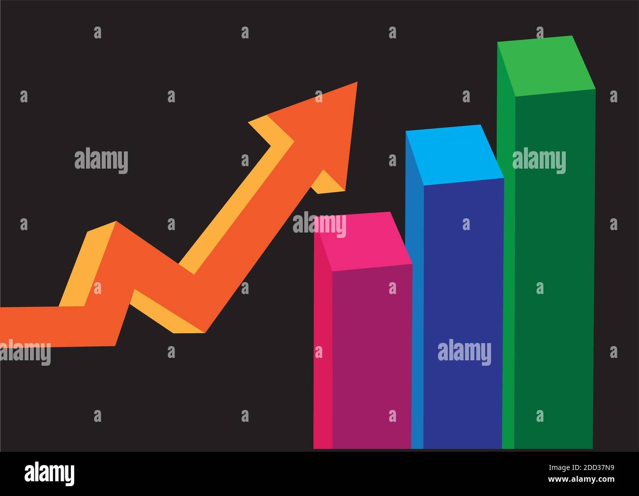Colorful three dimensional bar chart and up arrows isolated on black background, Vector ...