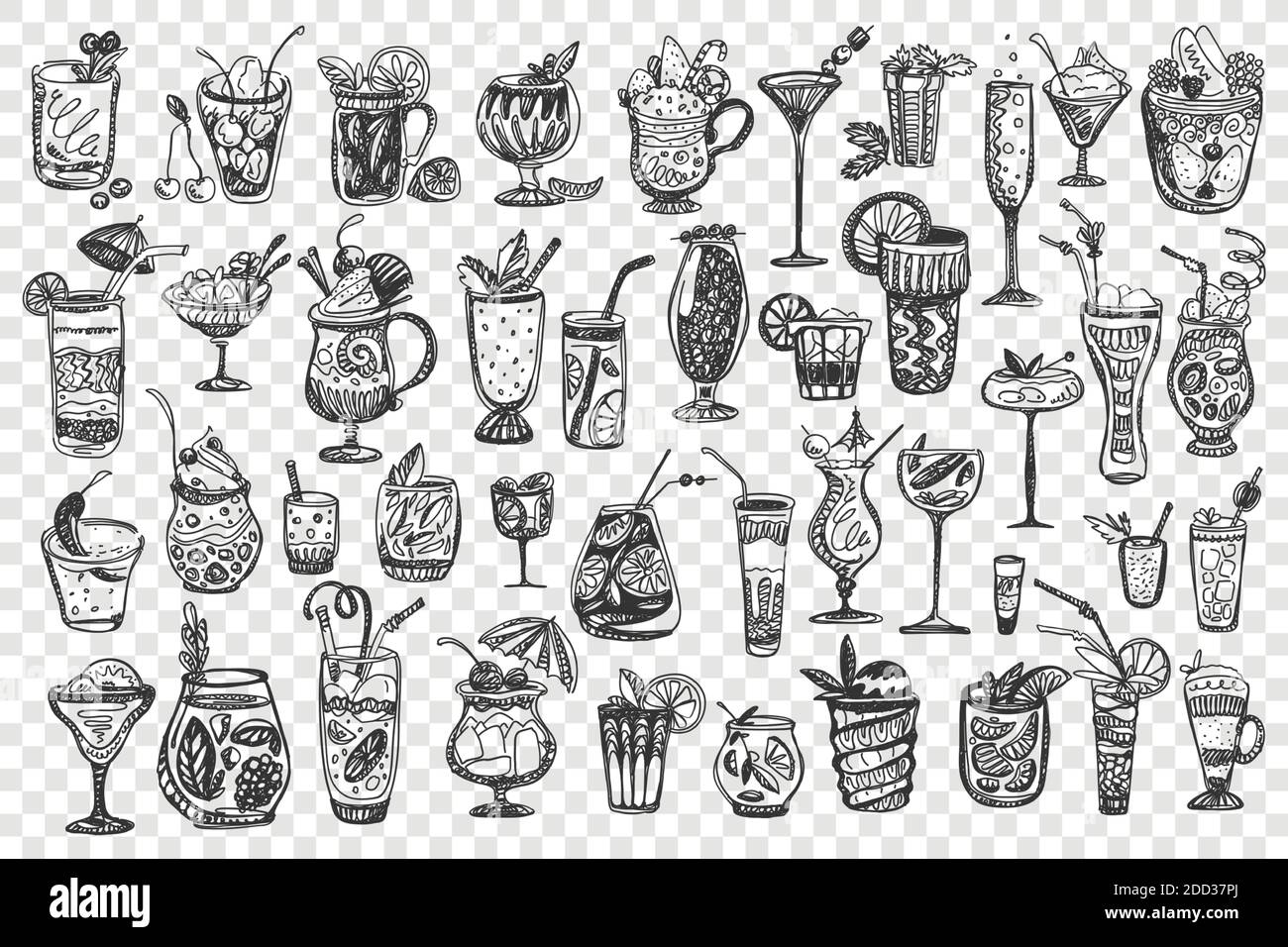 Cocktails doodle set. Collection of different alcoholic summer tropical ...