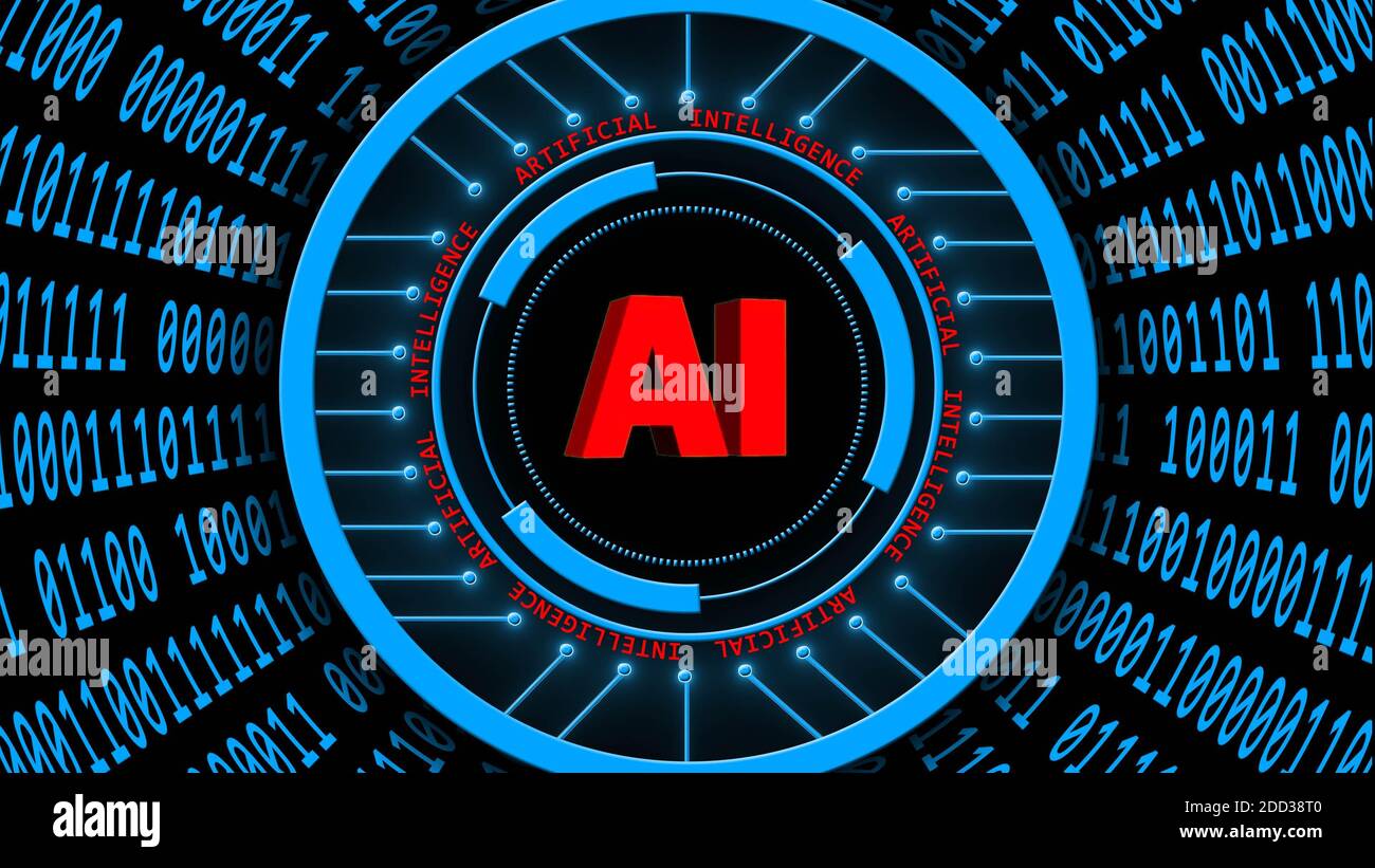 AI - abstract Artificial Intelligence background in blue - binary code arranged in cylinder ...