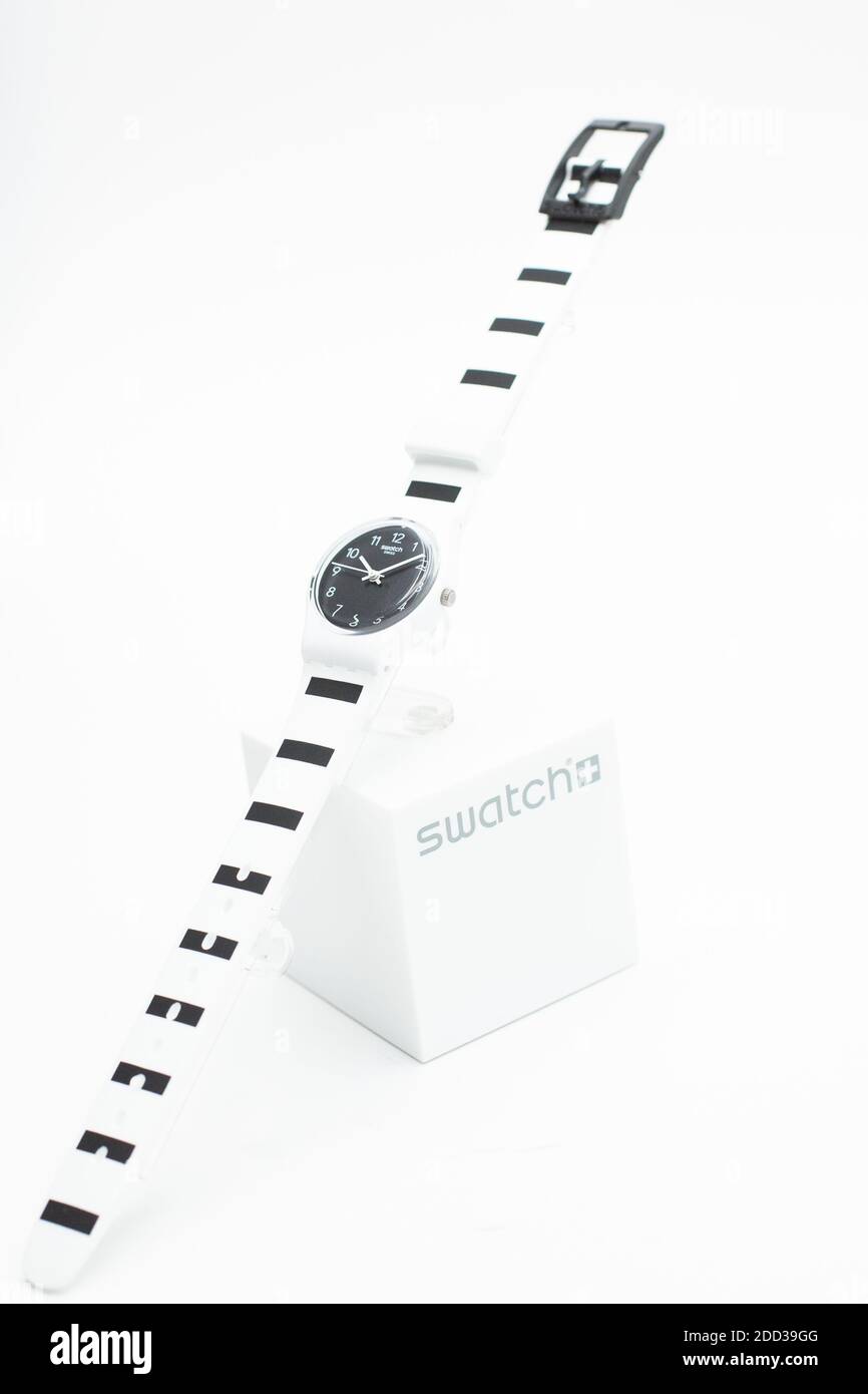New York, NY, USA 07.10.2020 - Swatch Black stripes design swiss quartz ...