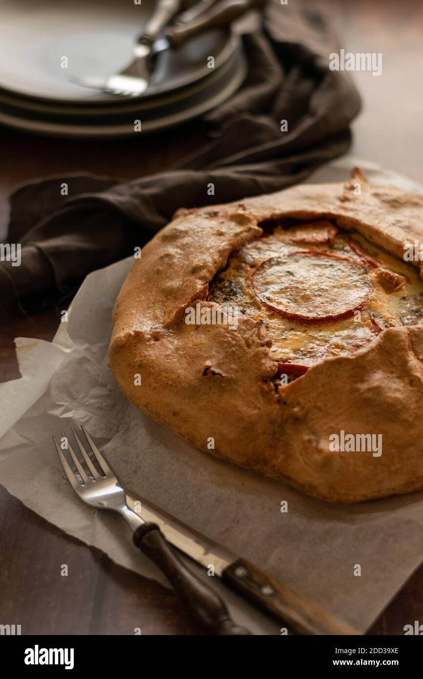 Ready to eat salt pie with vegetables, traditional homemade meal Stock ...