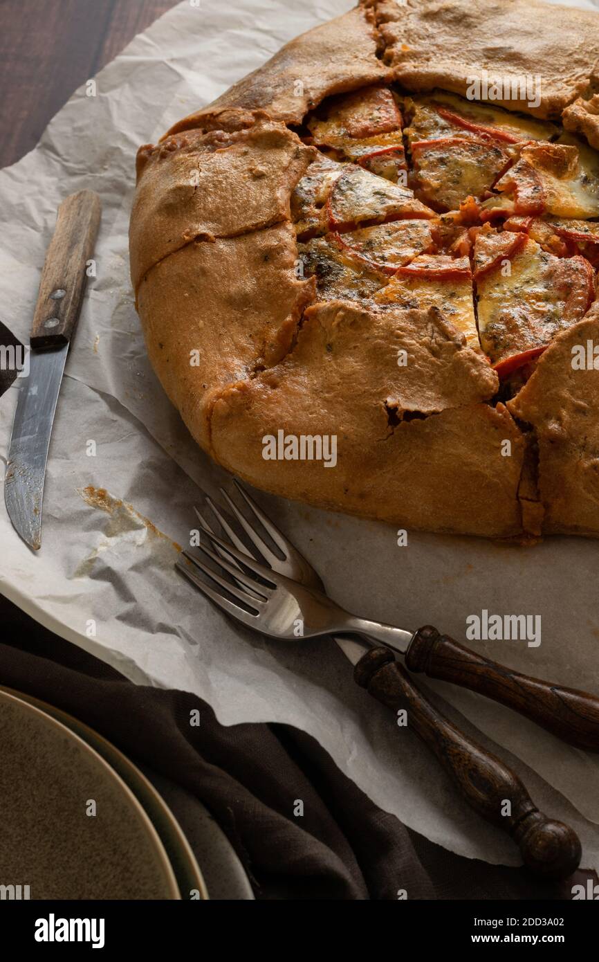 Ready to eat salt pie with vegetables, traditional homemade meal Stock ...