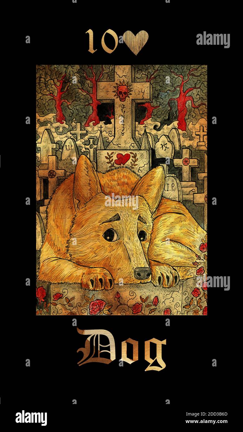 Dog. Card of Lenormand oracle deck Gothic Mysteries. Hand drawn cartoon ...