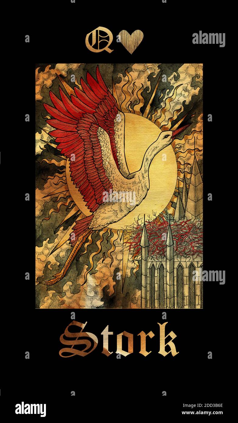 Stork. Card of Lenormand oracle deck Gothic Mysteries. Hand drawn ...