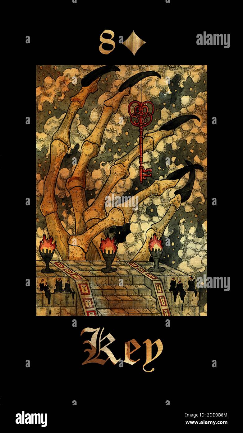 Key. Card of Lenormand oracle deck Gothic Mysteries. Hand drawn cartoon ...