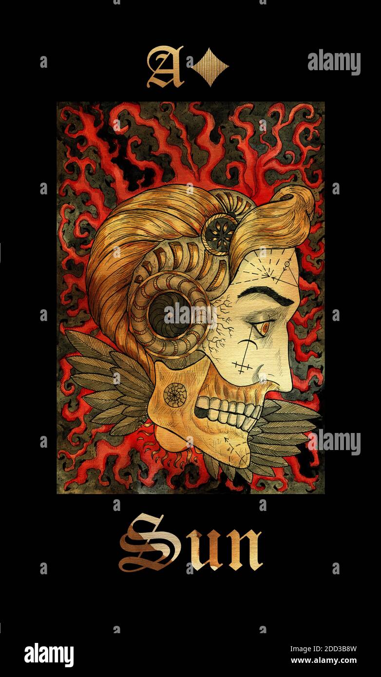 Sun. Card of Lenormand oracle deck Gothic Mysteries. Hand drawn cartoon ...