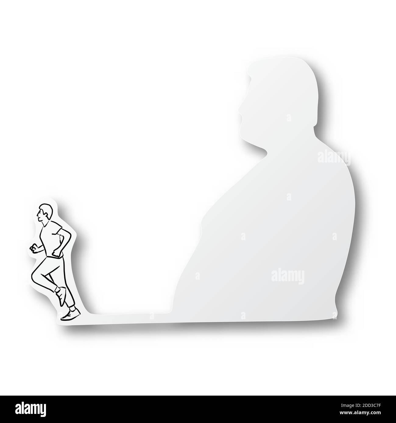 black line hand drawn of man running on fat shape cut paper with shadow ...
