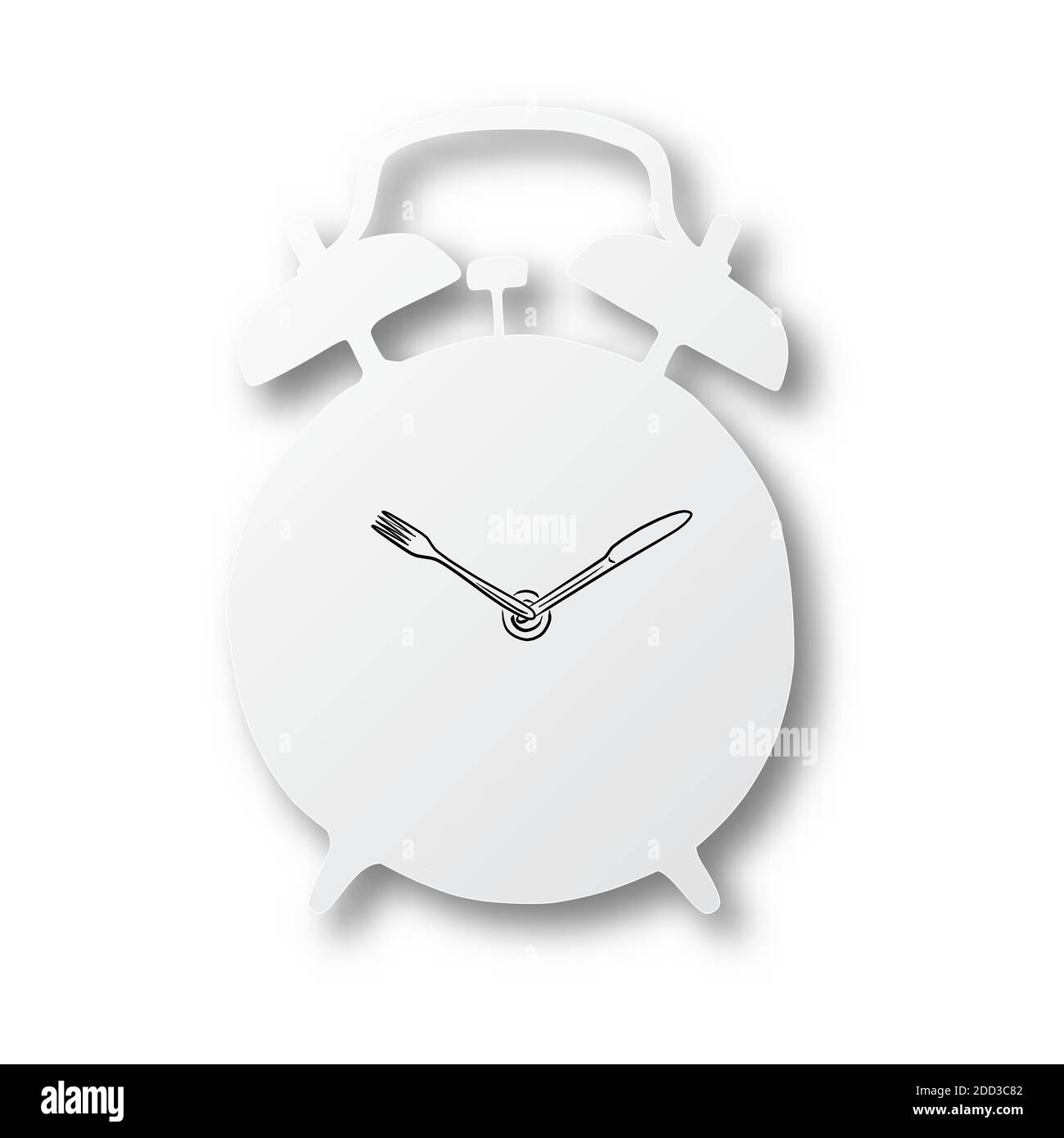 black line hand drawn of fork and knife on alarm clock shape cut paper ...